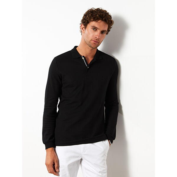 Polo Yaka Uzun Kollu Pike Erkek Sweatshirt