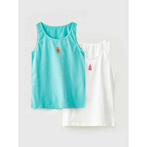 Bisiklet Yaka Baskılı Pamuklu Kız Çocuk Atlet 2'li