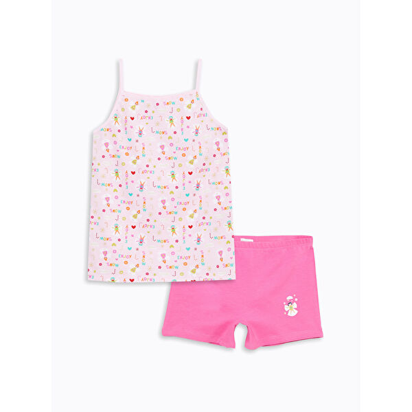 Kare Yaka Baskılı Askılı Pamuklu Kız Çocuk Atlet ve Boxer