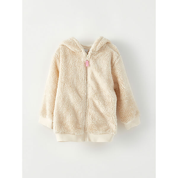 Kapüşonlu Uzun Kollu Kız Bebek Pelüş Fermuarlı Sweatshirt