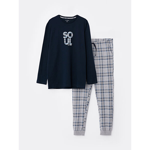 Bisiklet Yaka Baskılı Uzun Kollu Erkek Pijama Takım