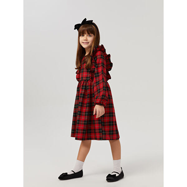 Bisiklet Yaka Ekose Uzun Kollu Kız Çocuk Elbise ve Taç