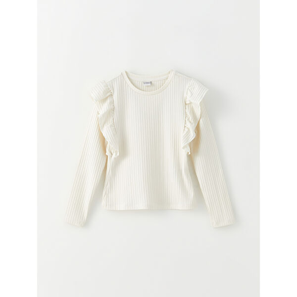 Bisiklet Yaka Fırfır Detaylı Uzun Kollu Kız Çocuk Tişört