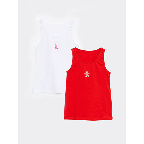 Bisiklet Yaka Baskılı Pamuklu Kız Çocuk Atlet 2'li