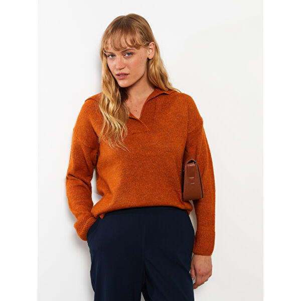 Polo Yaka Düz Uzun Kollu Kadın Triko Kazak