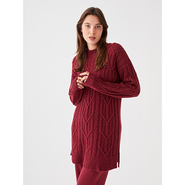 Bisiklet Yaka Kendinden Desenli Uzun Kollu Kadın Triko  Kazak