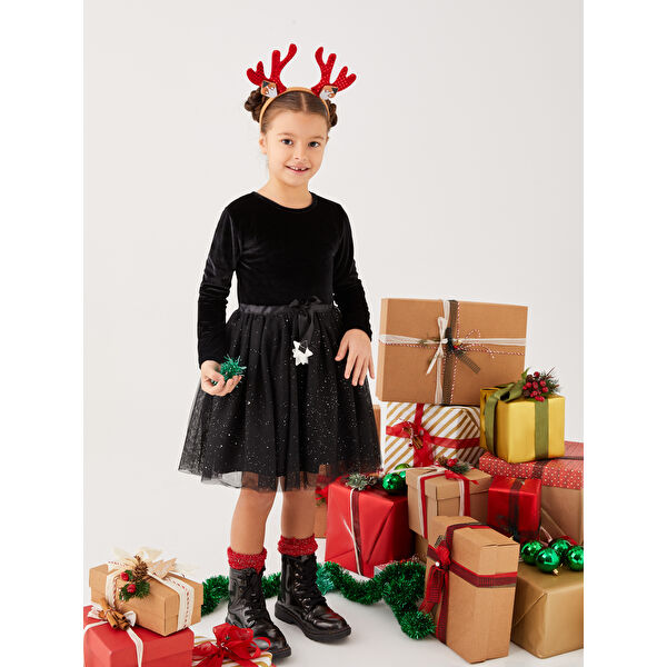 Bisiklet Yaka Işıltılı Uzun Kollu Kadife Kız Çocuk Elbise Bisiklet Yaka Işıltılı Uzun Kollu Kadife Kız Çocuk Elbise