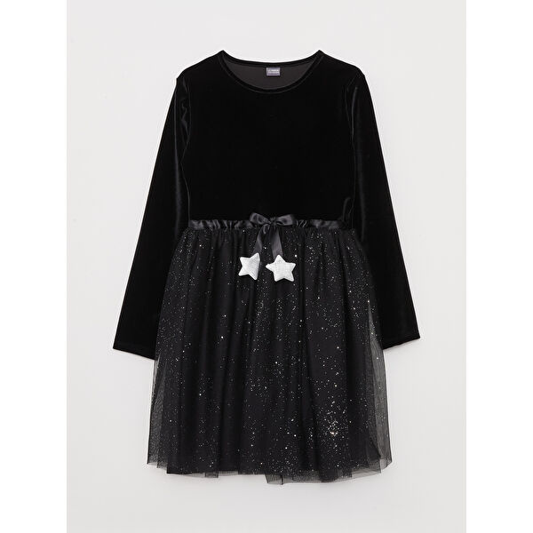 Bisiklet Yaka Işıltılı Uzun Kollu Kadife Kız Çocuk Elbise