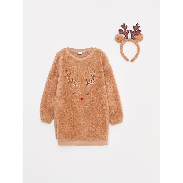 Bisiklet Yaka Yılbaşı Temalı Uzun Kollu Pelüş Kız Çocuk Elbise ve Taç