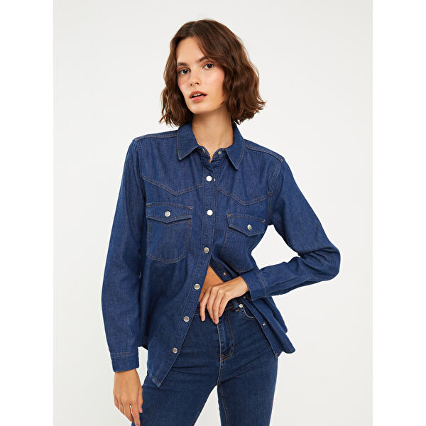 Önden Düğme Kapamalı Düz Uzun Kollu Kadın Jean Gömlek