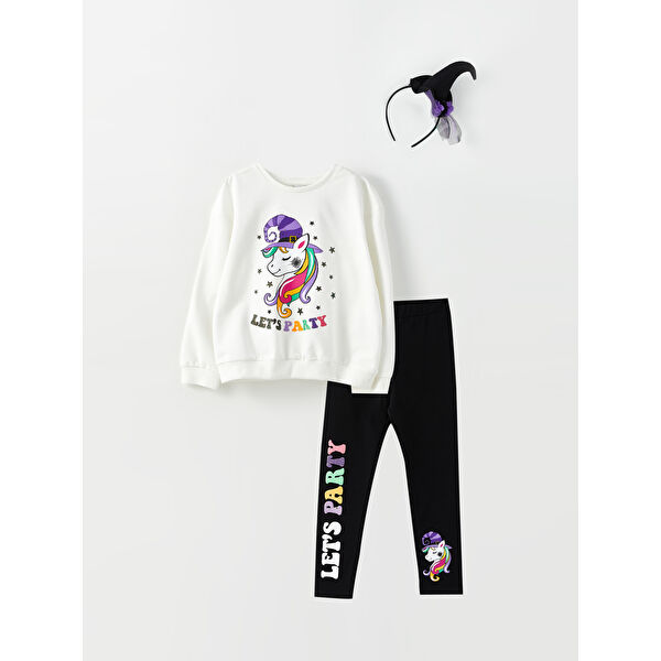 Bisiklet Yaka Baskılı Uzun Kollu Kız Çocuk Sweatshirt Tayt ve Taç
