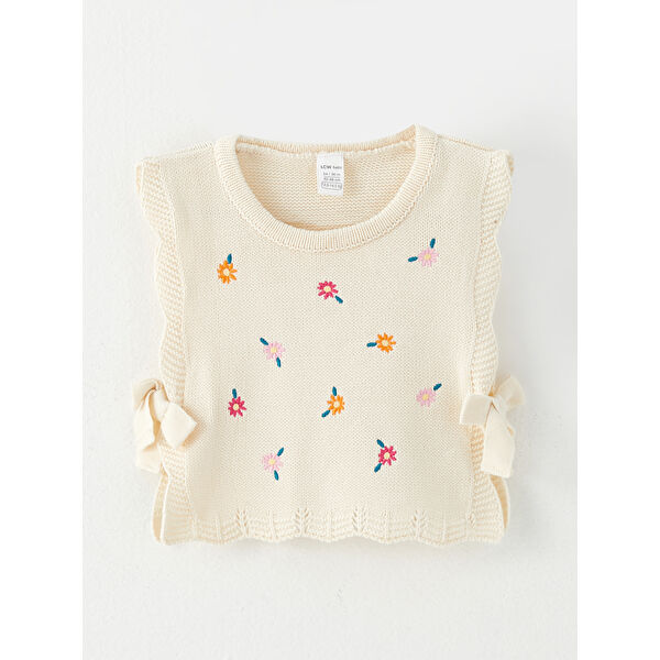 Bisiklet Yaka Nakış Detaylı Kız Bebek Triko Süveter