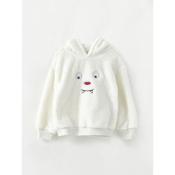 Kapüşonlu Nakışlı Uzun Kollu Pelüş Kız Çocuk Sweatshirt