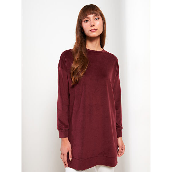 Bisiklet Yaka Düz Uzun Kollu Oversize Kadın Sweatshirt
