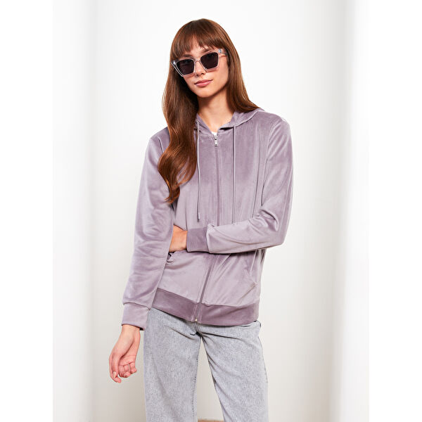 Kapüşonlu Düz Uzun Kollu Kadife Kadın Spor Hırka