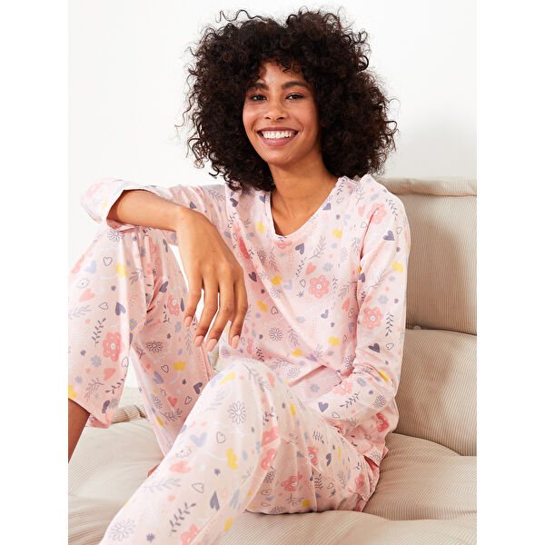 Bisiklet Yaka Desenli Uzun Kollu Pamuklu Kadın Pijama Takımı