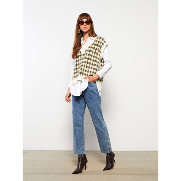 V Yaka Desenli Kadın Triko Süveter