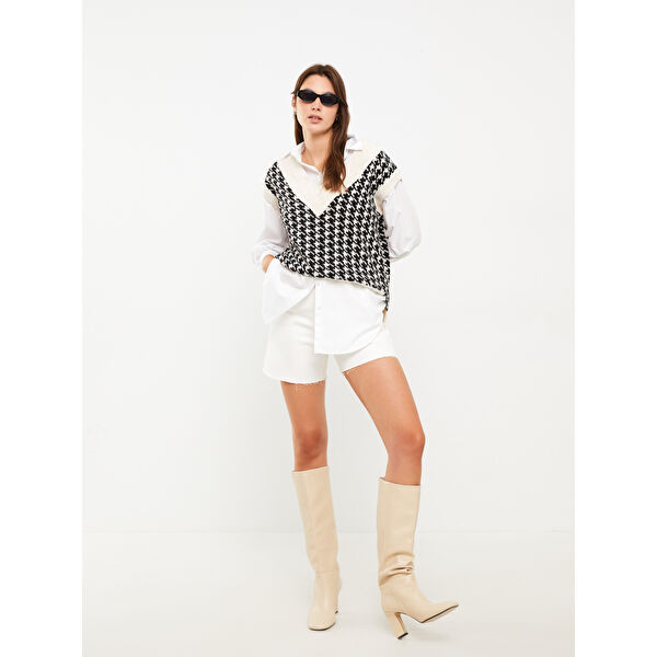 V Yaka Desenli Kadın Triko Süveter