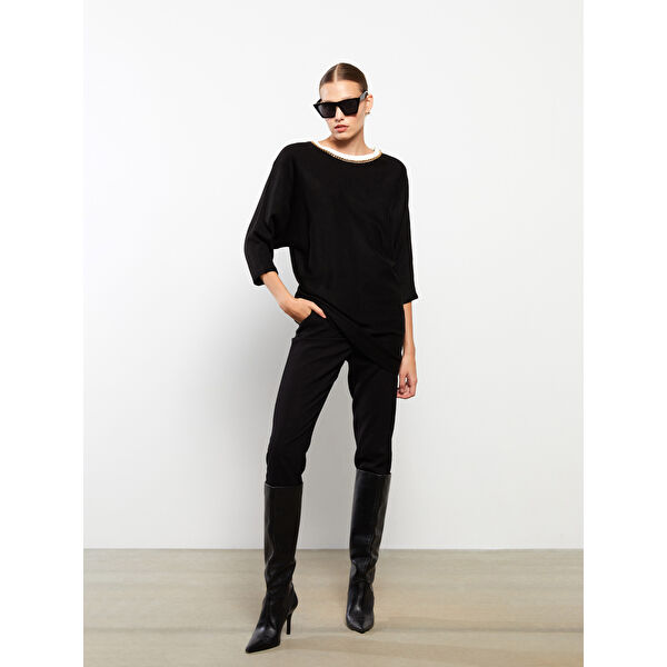 Bisiklet Yaka Zincir Detaylı Düz Kadın Triko Kazak