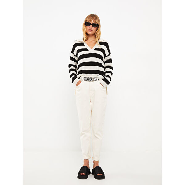 Polo Yaka Çizgili Uzun Kollu Kadın Triko Kazak