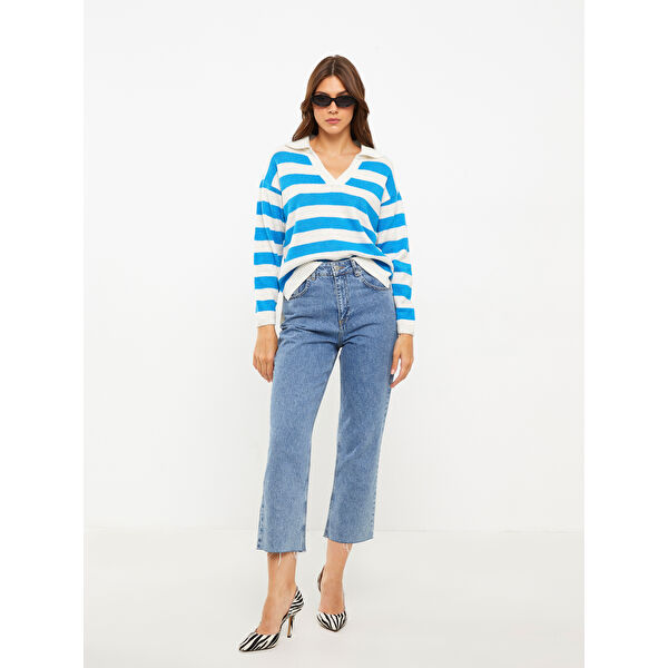 Polo Yaka Çizgili Uzun Kollu Kadın Triko Kazak