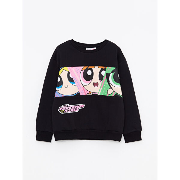 Bisiklet Yaka Powerpuff Girls Baskılı Uzun Kollu Kız Çocuk Sweatshirt
