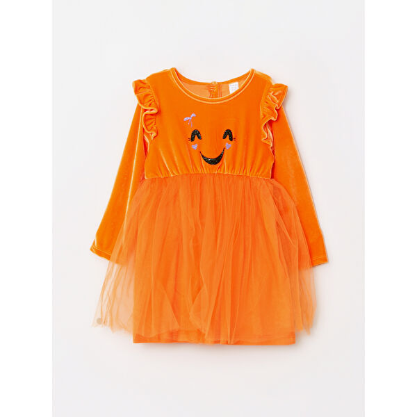 Bisiklet Yaka Uzun Kollu Nakış Detaylı Kadife Kız Bebek Elbise