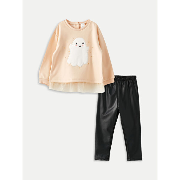 Bisiklet Yaka Uzun Kollu Baskılı Kız Bebek Sweatshirt ve Tayt 2'li Takım