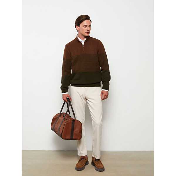 Dik Yaka Uzun Kollu Renk Bloklu Erkek Triko Kazak