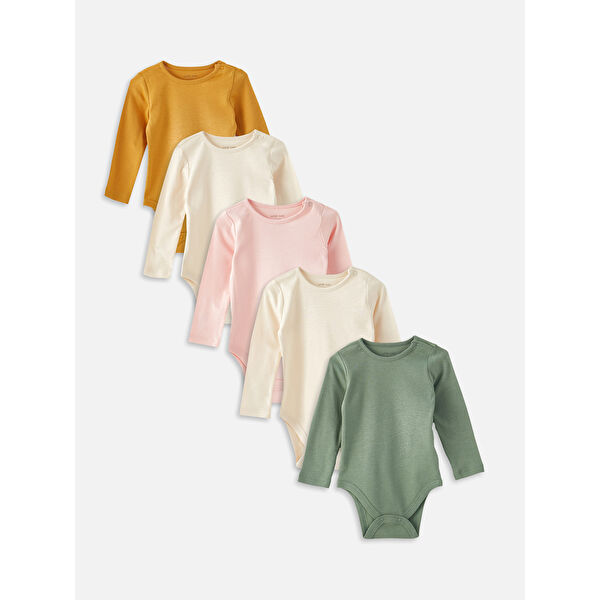 Bisiklet Yaka Uzun Kollu Basic Kız Bebek Çıtçıtlı Body 5'li