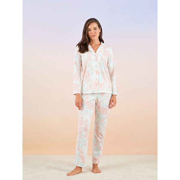 Gömlek Yaka Desenli Uzun Kollu Pamuklu Kadın Pijama Takımı Gömlek Yaka Desenli Uzun Kollu Pamuklu Kadın Pijama Takımı