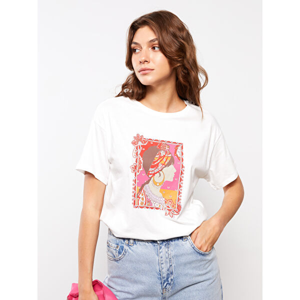 Bisiklet Yaka Baskılı Kısa Kollu Pamuklu Kadın Tişört