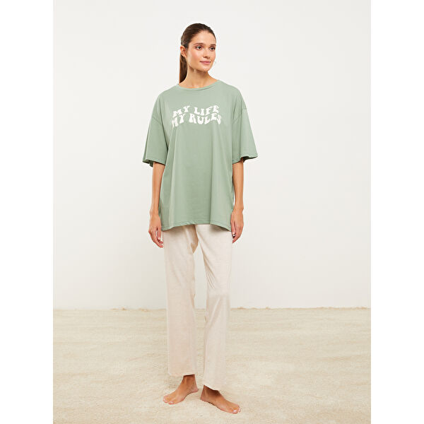 Bisiklet Yaka Baskılı Kısa Kollu Kadın Pijama Takımı