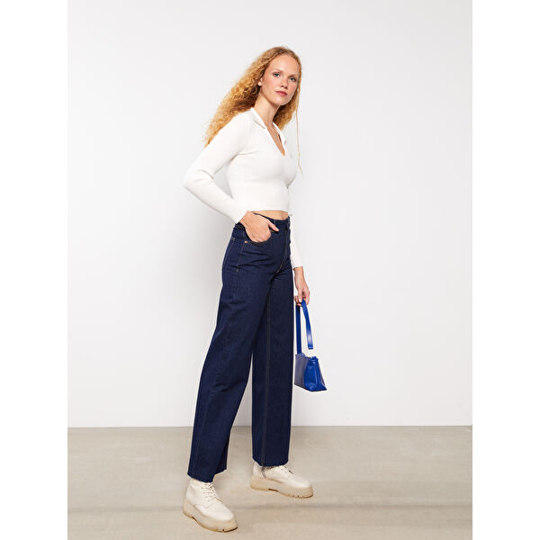 Yüksek Bel Standart Fit Düz Cep Detaylı Kadın Jean Pantolon