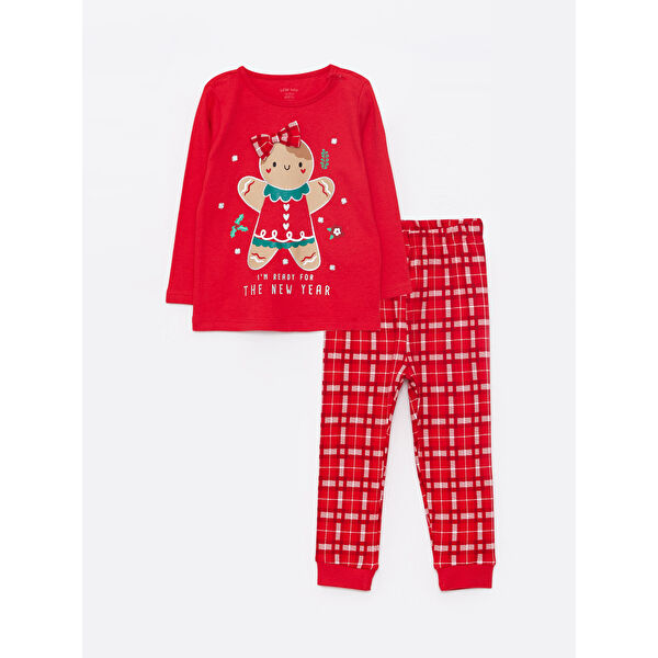 Bisiklet Yaka Uzun Kollu Yılbaşı Temalı Kız Bebek Pijama Takımı