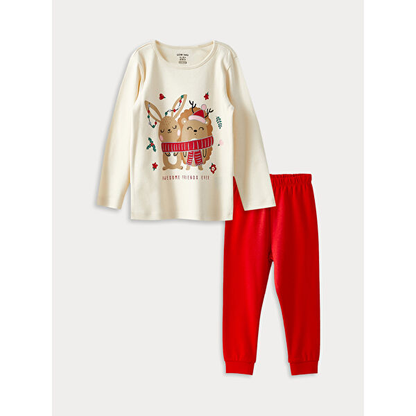 Bisiklet Yaka Uzun Kollu Yılbaşı Temalı Kız Bebek Pijama Takımı