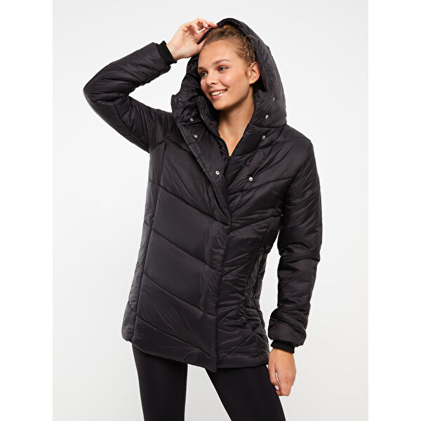 Kapüşonlu Düz Uzun Kollu Kadın Şişme Mont