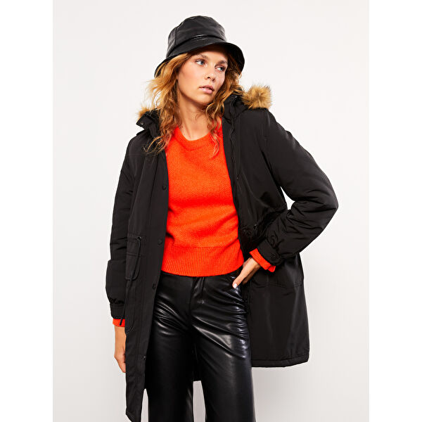 Kapüşonlu Düz Uzun Kollu Kadın Parka