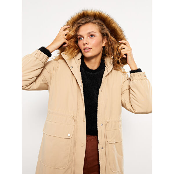 Kapüşonlu Düz Uzun Kollu Kadın Parka