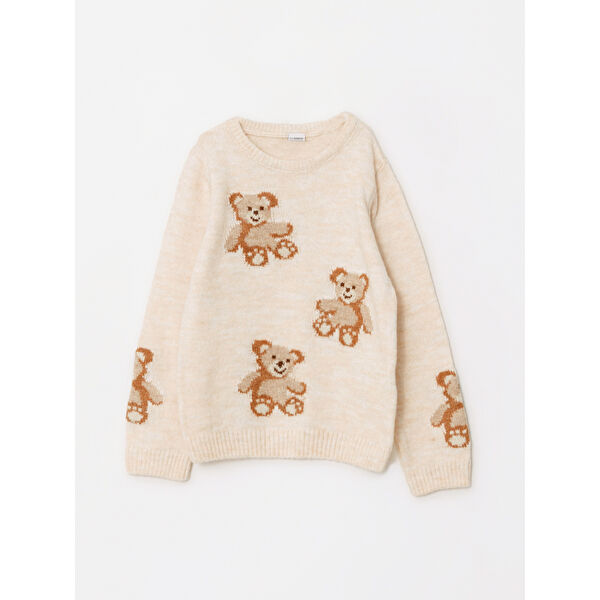 Bisiklet Yaka Desenli Uzun Kollu Kız Çocuk Triko Kazak