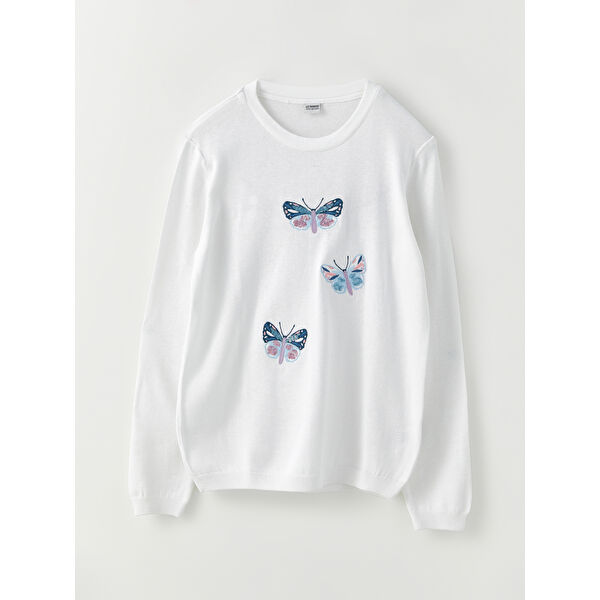 Bisiklet Yaka Nakışlı Uzun Kollu Kız Çocuk Triko Kazak