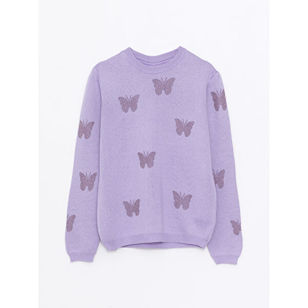 Bisiklet Yaka Desenli Uzun Kollu Kız Çocuk Triko Kazak