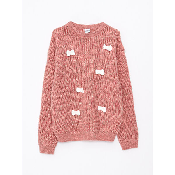 Bisiklet Yaka Fiyonk Detaylı Uzun Kollu Kız Çocuk Triko Kazak