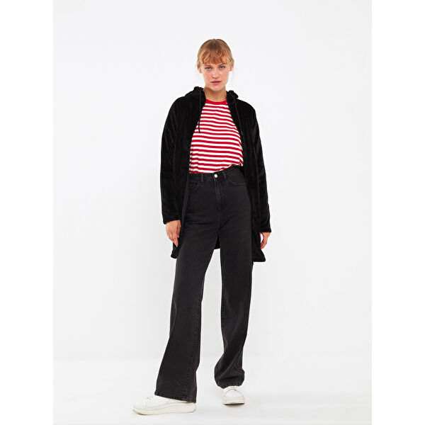 Kapüşonlu Düz Uzun Kollu Kadife Kadın Spor Hırka