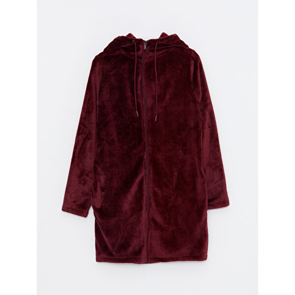 Kapüşonlu Düz Uzun Kollu Kadife Kadın Spor Hırka