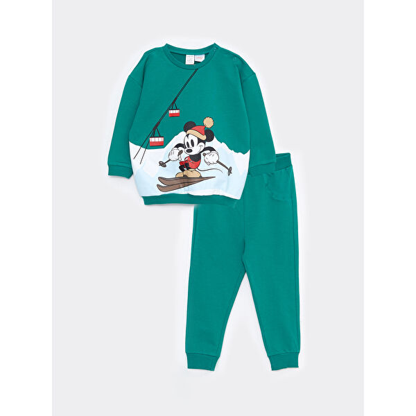 Bisiklet Yaka Uzun Kollu Mickey Mouse Baskılı Erkek Bebek Sweatshirt ve Pantolon 2'li Takım
