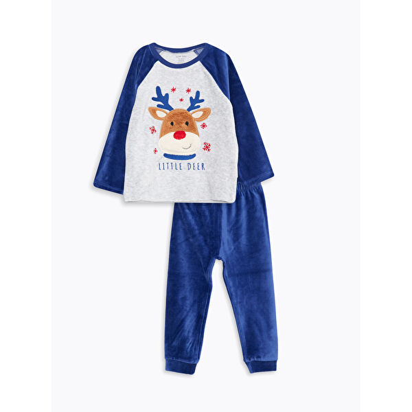 Bisiklet Yaka Uzun Kollu Nakış Detaylı Erkek Bebek Kadife Pijama Takımı