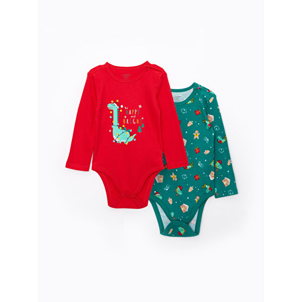 Bisiklet Yaka Uzun Kollu Yılbaşı Temalı Erkek Bebek Çıtçıtlı Body 2'li