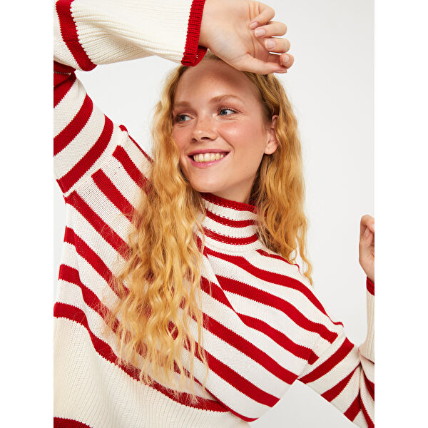 Balıkçı Yaka Çizgili Uzun Kollu Kadın Triko Kazak