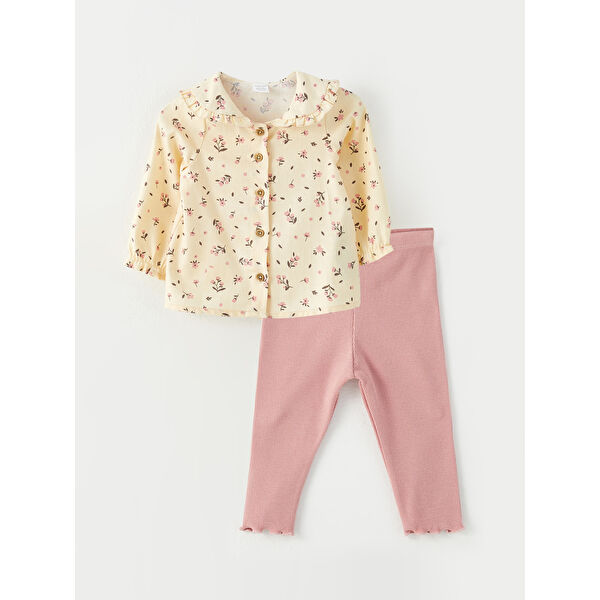 Bebe Yaka Uzun Kollu Desenli Kız Bebek Gömlek ve Tayt 2'li Takım